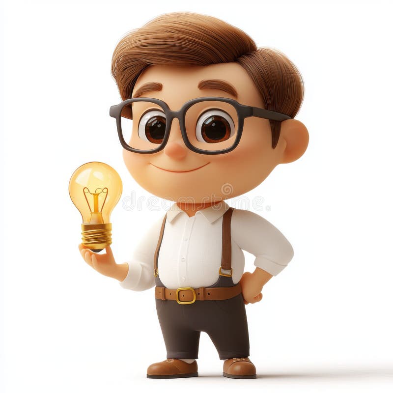 Cute Cartoon Character Holding Light Bulb, Symbolizing Creativity and ...