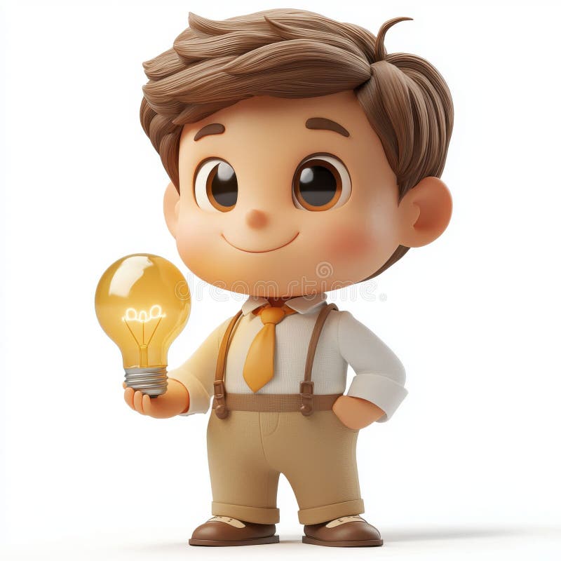 Cute Cartoon Character Holding Light Bulb, Symbolizing Creativity and ...