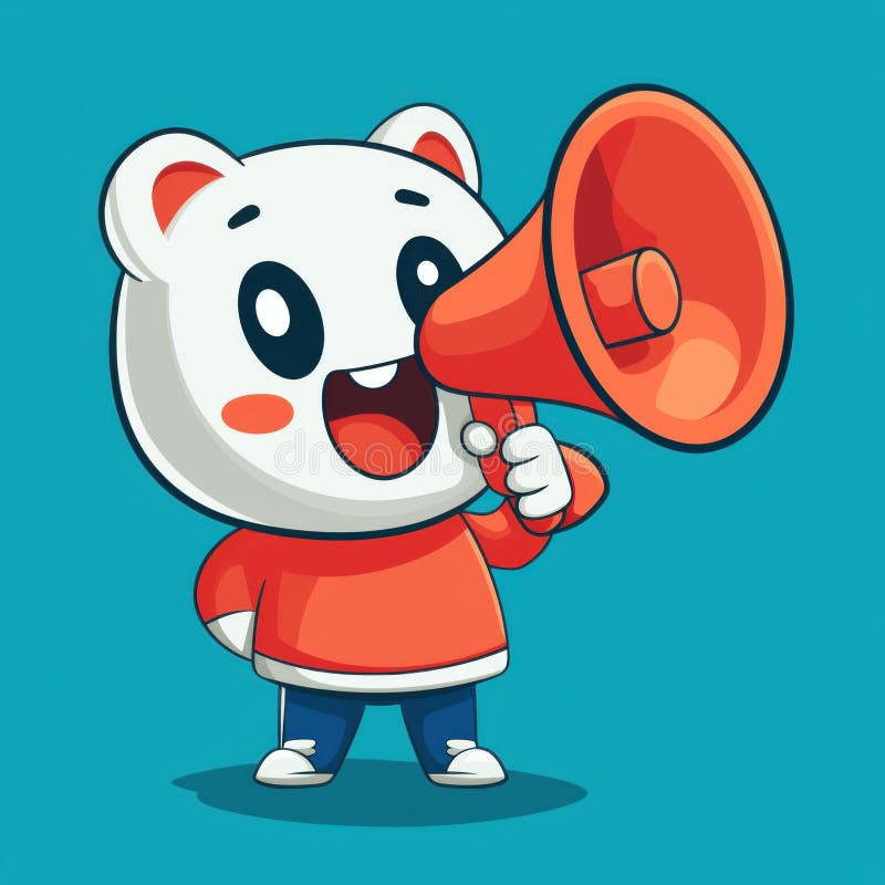Cute Cartoon Character Holding Megaphone, Expressing Excitement and Joy ...