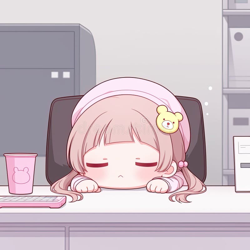 Cute Cartoon Character Resting on Desk, Surrounded by Office Items ...
