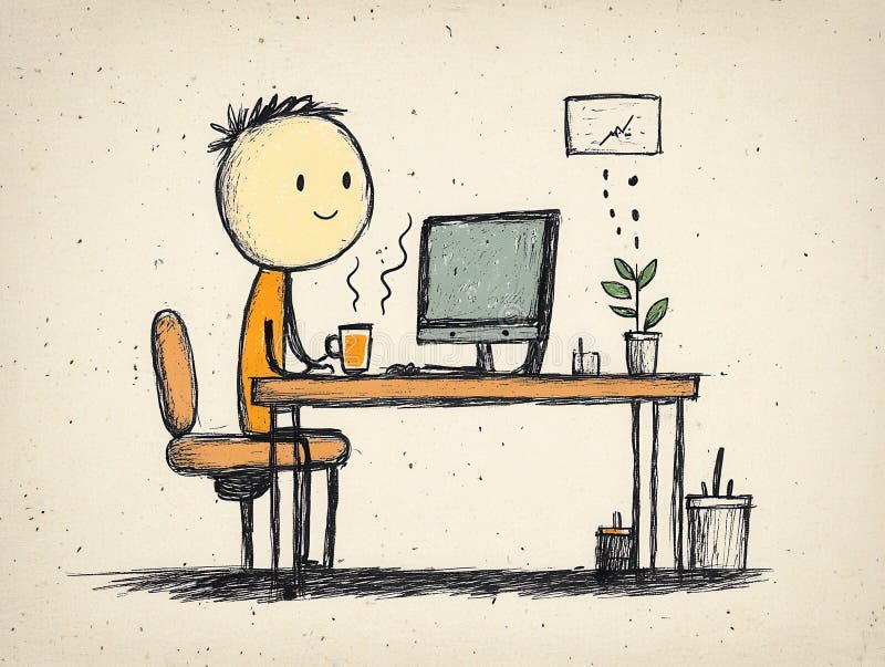 Cute Character Working on Computer with Plants and Coffee Stock Image ...