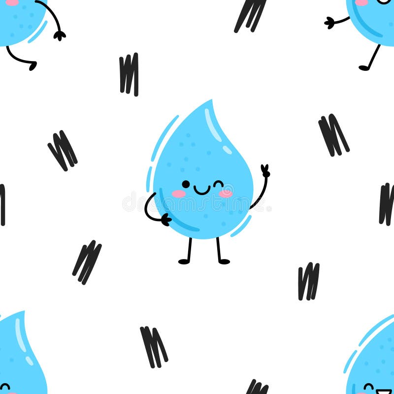 Cute Cartoon Characters Blue Water Drops Pattern. Seamless Vector ...