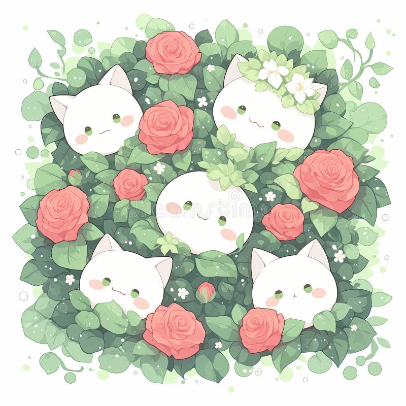 Cute Cartoon Characters with Flowers and Greenery Stock Illustration ...