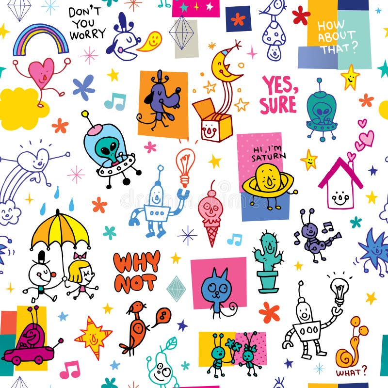 Cute Cartoon Characters Seamless Pattern Stock Vector - Illustration of ...