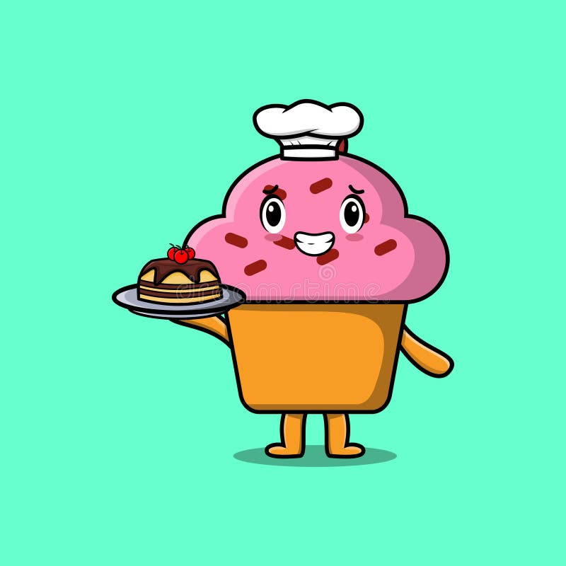 Cute Cartoon Chef Cupcake Serving Cake on Tray Stock Vector ...