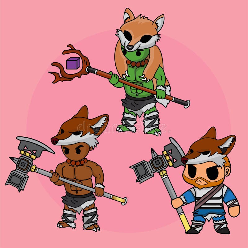 Cute Cartoon Chibi Knight Character with Weapon Ax and Stick Stock ...