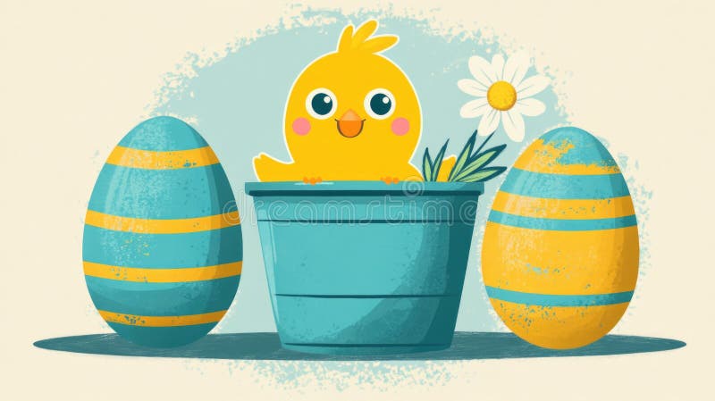 Cute Cartoon Chick in Pot with Easter Eggs and Daisy Illustration Stock Illustration ...