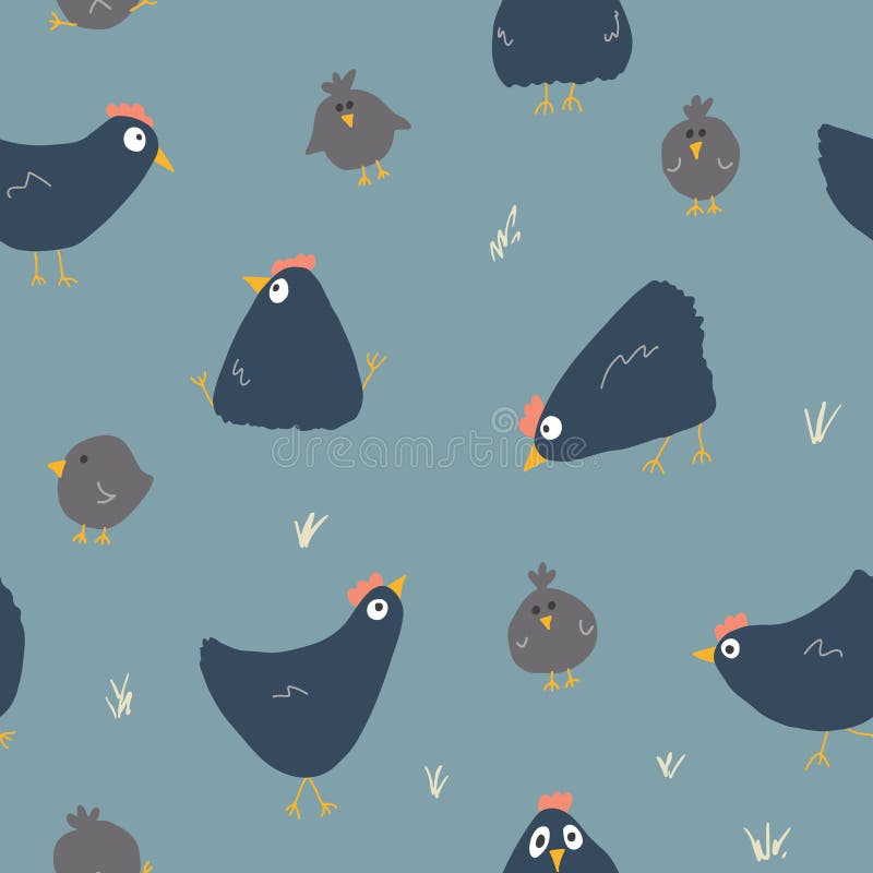 Cute Cartoon Chicken and Hen Seamless Pattern, Background Vector ...