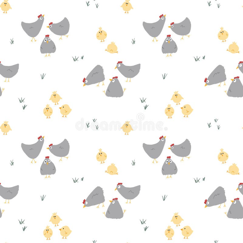 Cute Cartoon Chicken and Hen Seamless Pattern, Background Vector ...