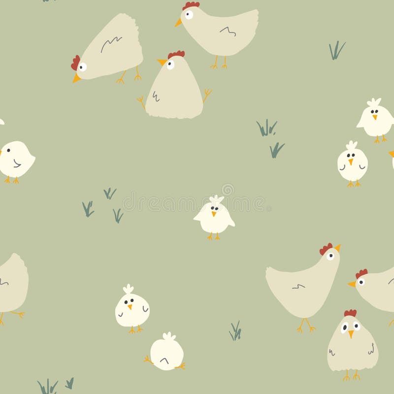 Cute Cartoon Chicken and Hen Seamless Pattern, Background Vector ...