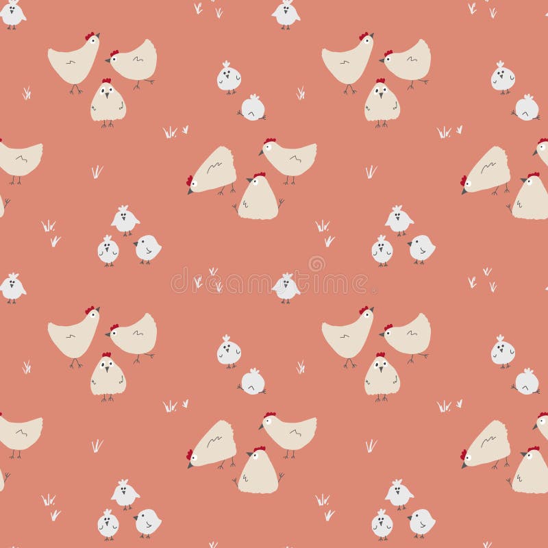 Cute Cartoon Chicken and Hen Seamless Pattern, Background Vector ...