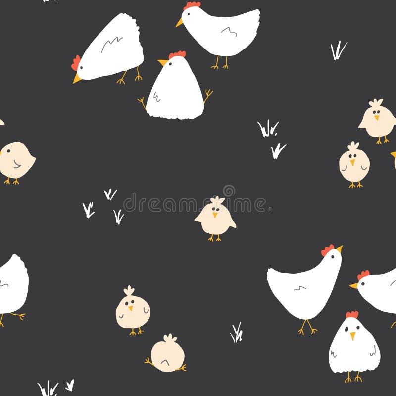 Cute Cartoon Chicken and Hen Seamless Pattern, Background Vector ...