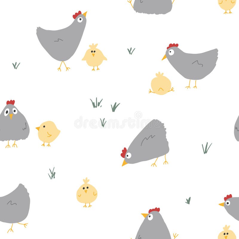 Cute Cartoon Chicken and Hen Seamless Pattern, Background Vector ...