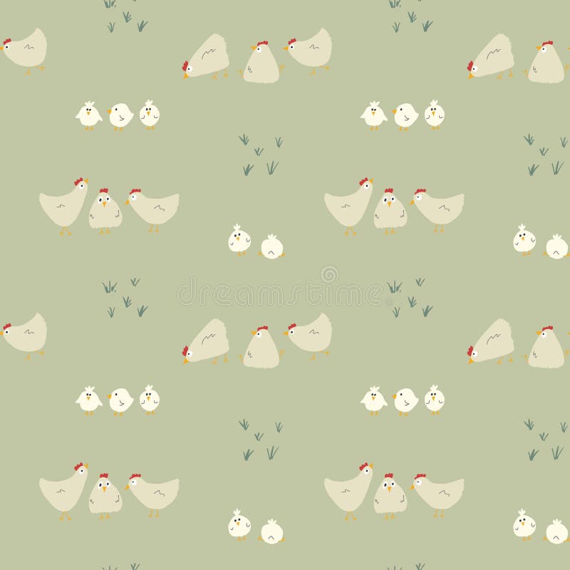 Cute Cartoon Chicken and Hen Seamless Pattern, Background Vector ...