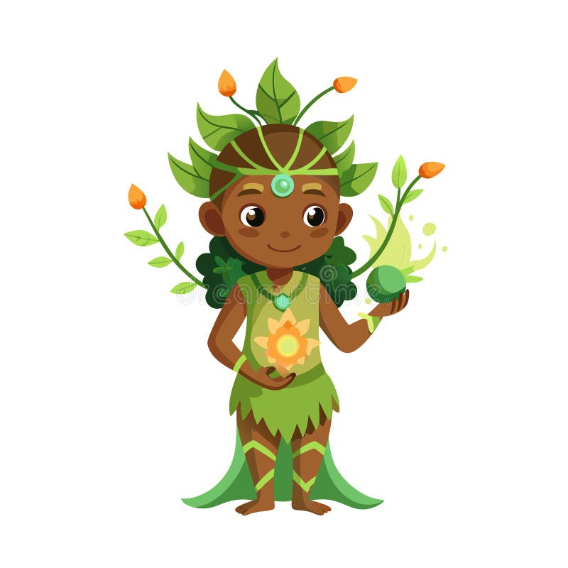 Cartoon Forest Child with Magic Powers in Leaf Outfit Stock ...