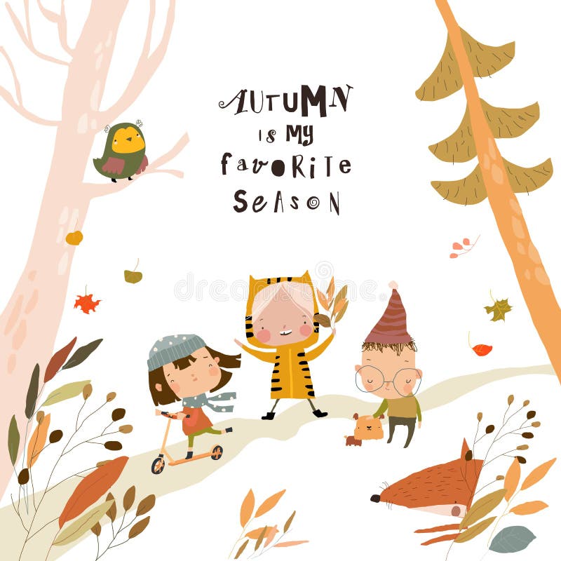 Cute Cartoon Children Having Fun in Autumn Forest Stock Vector ...