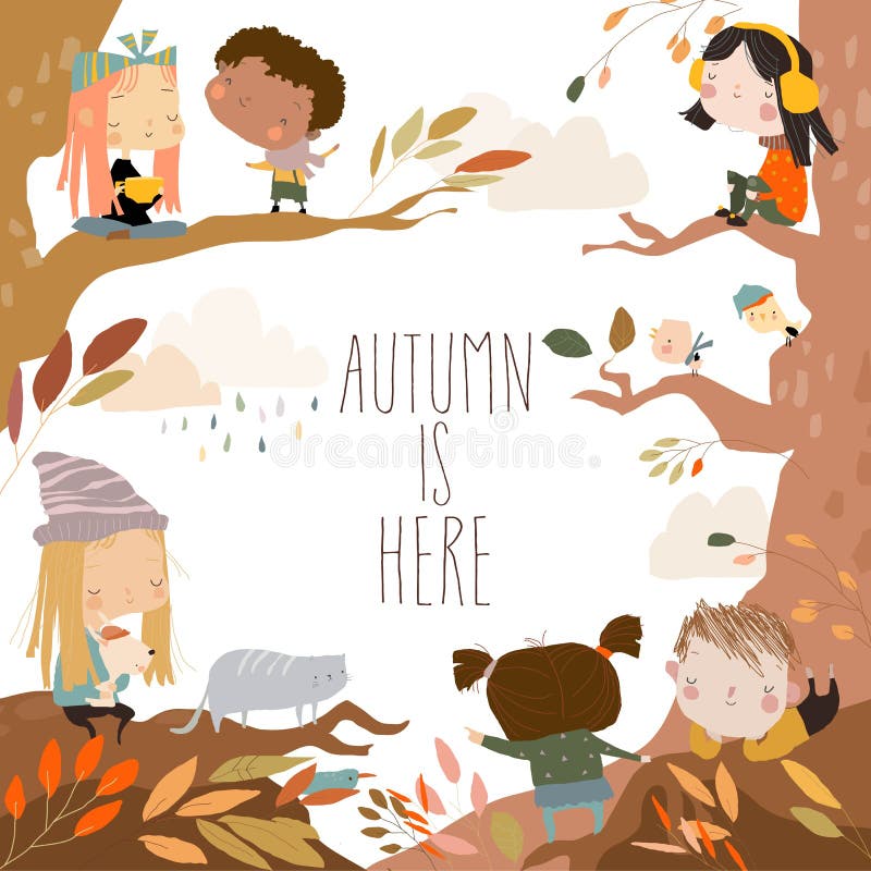 Cute Cartoon Children Having Fun in Autumn Forest Stock Vector ...