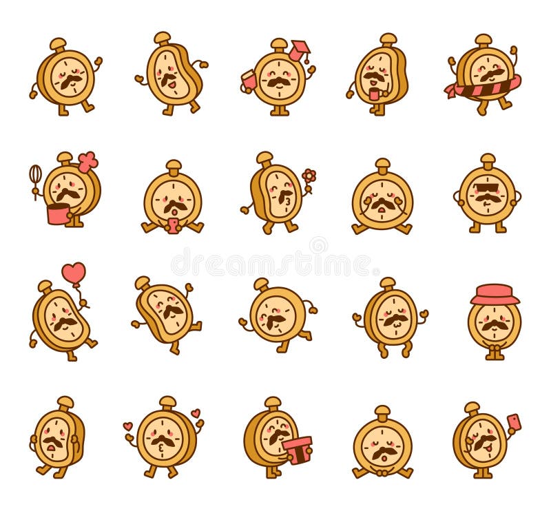 Cute Cartoon Clock Character Set Stock Vector - Illustration of watch ...