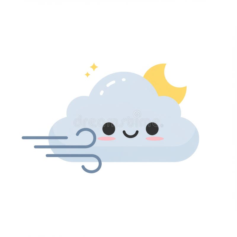 Cute Cartoon Cloud with Moon and Wind at Night Stock Illustration ...