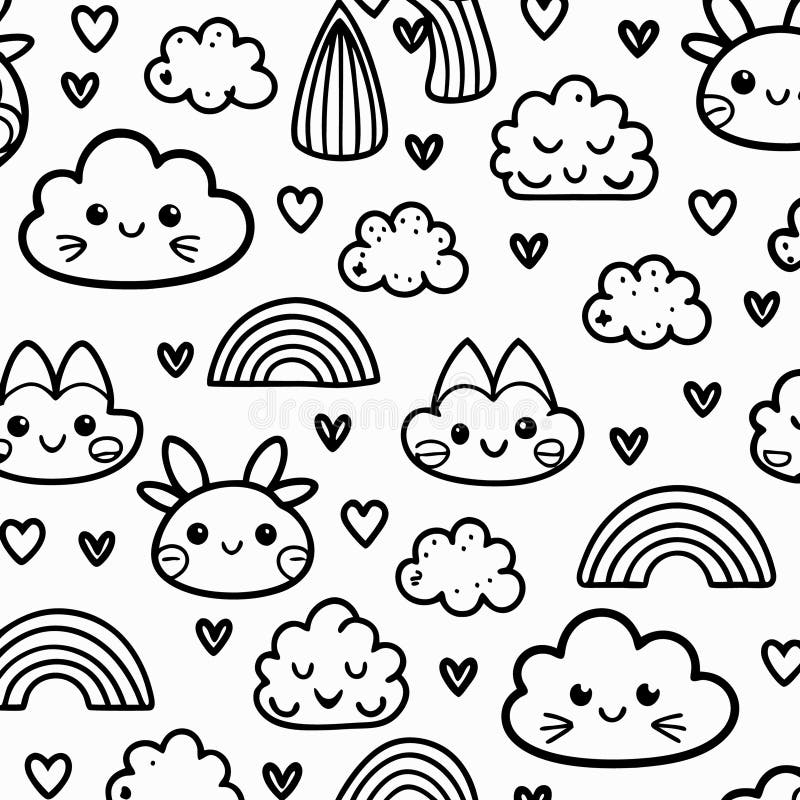 Cute Cartoon Clouds, Rainbows, and Hearts Repeating Pattern Stock ...