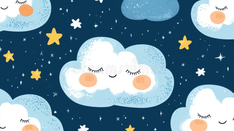 Cute Cartoon Clouds and Stars Night Sky Pattern Stock Illustration ...