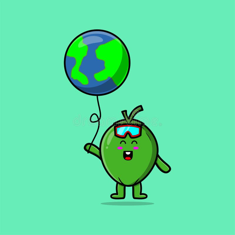 Cute Cartoon Coconut Floating with World Balloon Stock Vector ...