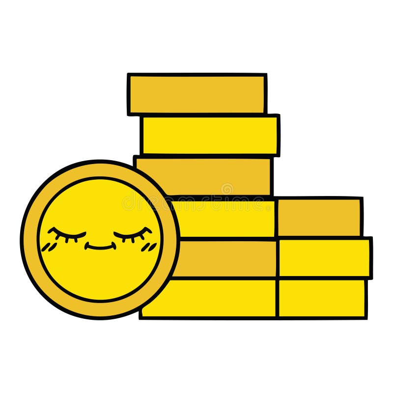 Set Cartoon Coins. Funny Smiling Cute Gold Coin with Face, Hands and ...