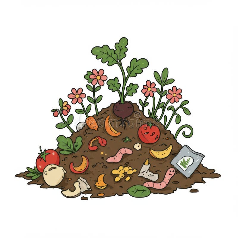 Cute Cartoon Compost Pile with Worms and Vegetables Stock Illustration ...