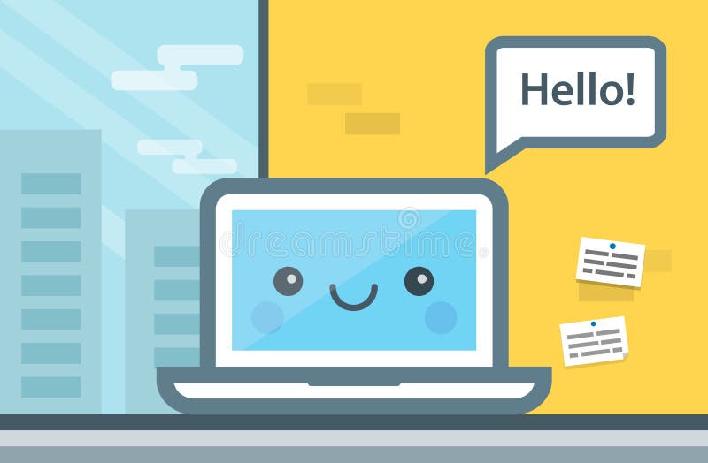 Cute Cartoon Computer Saying Hello. Communication Concept, Online ...