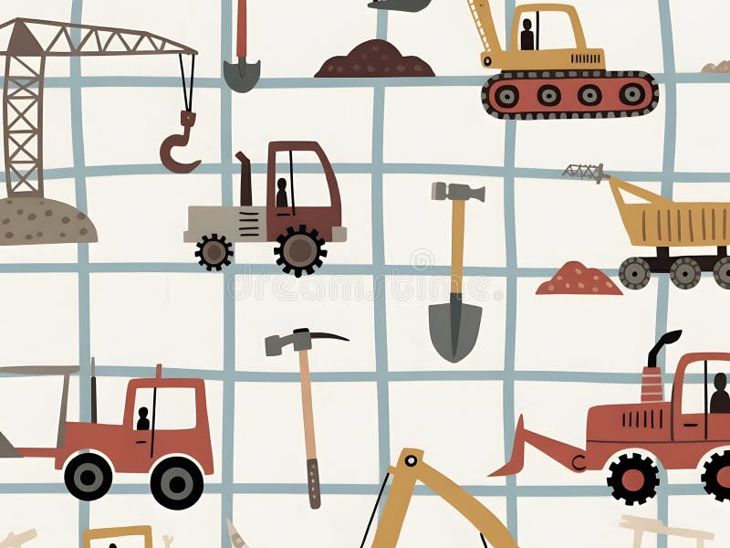 Cute Cartoon Construction Site Seamless Pattern with Trucks and Tools ...