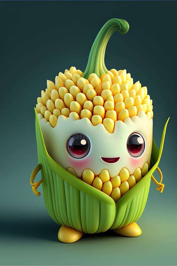 Cute Cartoon Corn Character on Green Background. 3D Rendering Stock ...