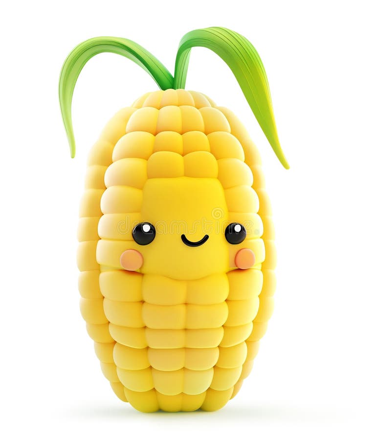 Cute Cartoon Corn with Green Leaves and a Smiling Face Stock ...
