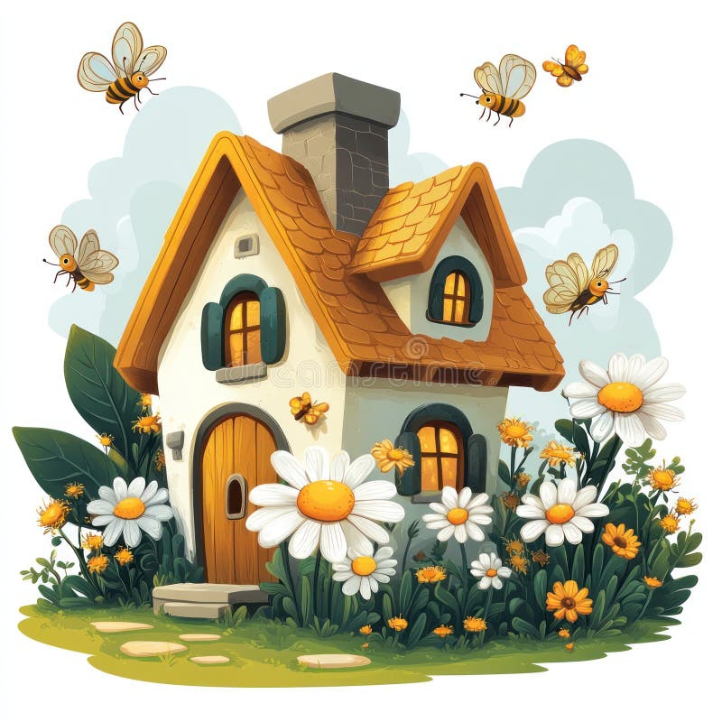 Cute Cartoon Cottage with Daisies and Bees Illustration Stock ...
