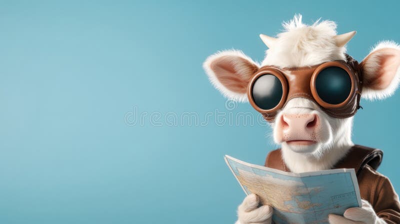 Cute Cartoon Cow Pilot with Goggles Holding Map Against Blue Background ...