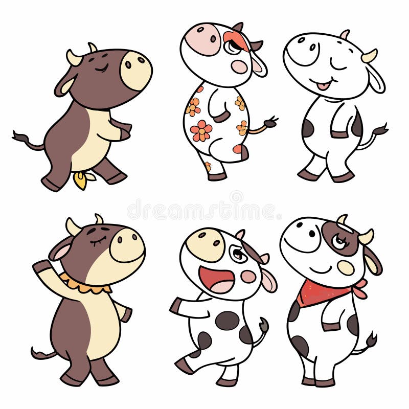 Cute Cartoon Cows in Different Poses and Color Stock Vector ...