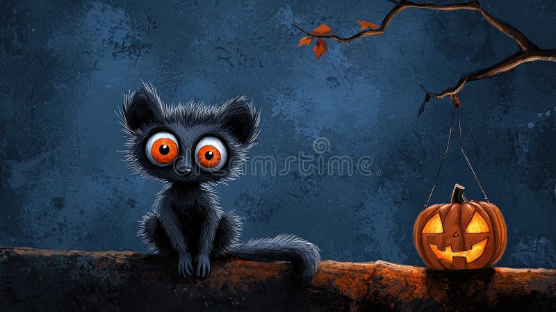 Cute Cartoon Creature on a Branch beside a Carved Pumpkin in a Spooky ...