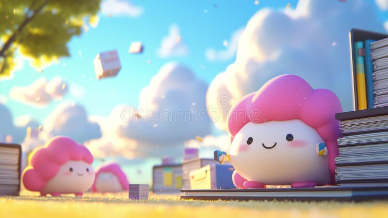 Cute Cartoon Creatures Reading in a Whimsical Outdoor Setting Stock ...