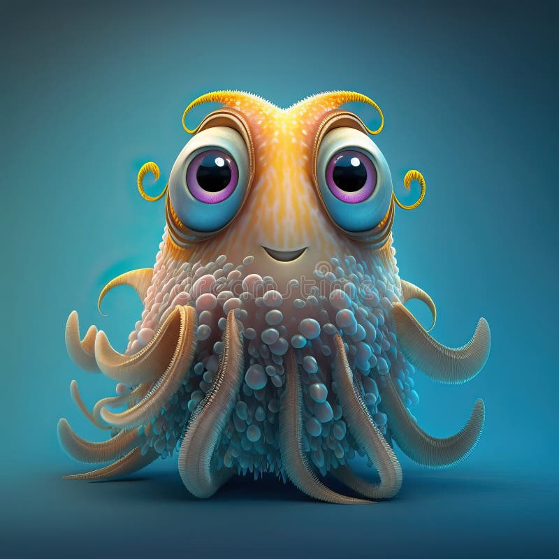 Cuttlefish Character. Cartoon Hand Drawn Illustration of Cute Ocean ...