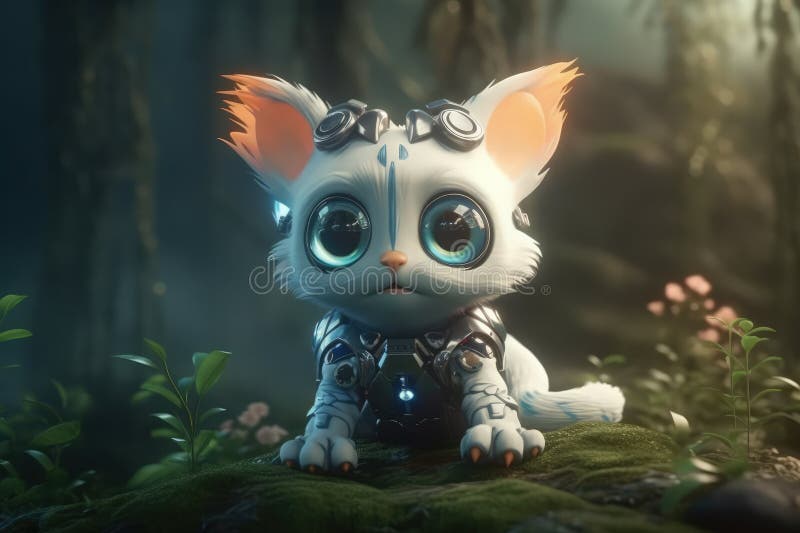 Cute Cartoon Robot Cat with Very Big Eyes White Background. Generative ...