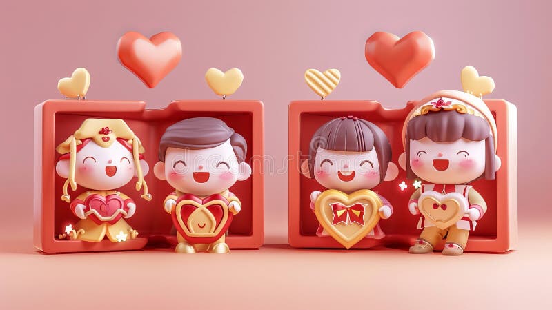 Cute Cartoon 3d Characters with Heart Motifs in a Playful Setting Stock ...