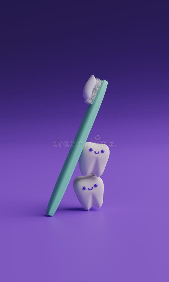 Cute Cartoon 3D Tooth and Toothbrush Render Stock Illustration ...