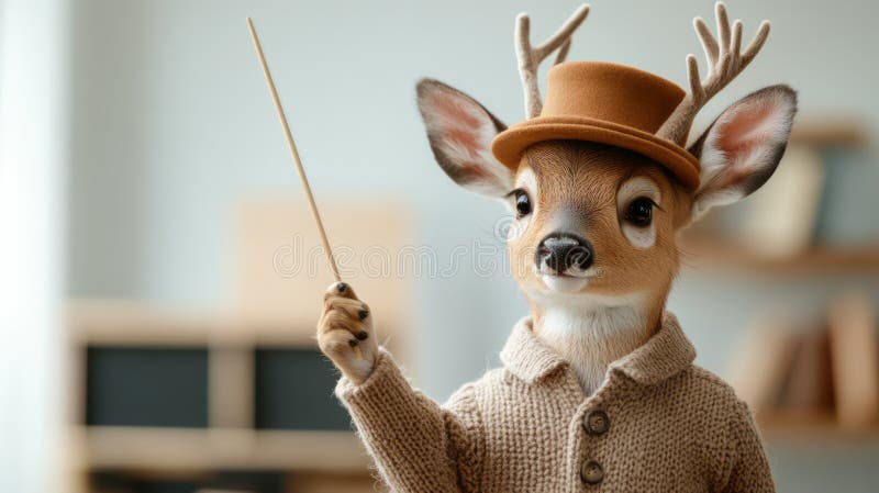 Cute Cartoon Deer in Brown Hat and Sweater Holding Pointer Stick in ...