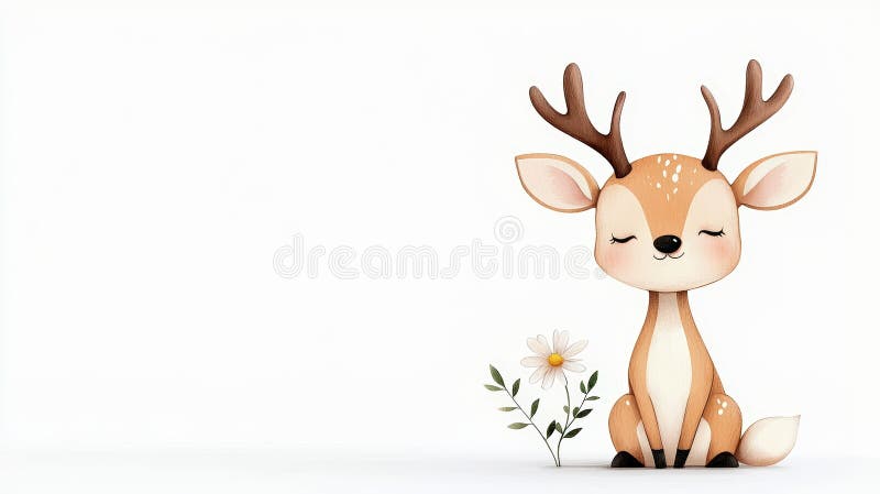 Cute Cartoon Deer Sitting with a Flower Stock Illustration ...