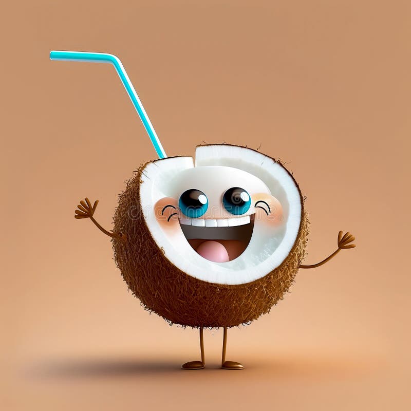Cute Cartoon Delicious Coconut with Straw Character. Generative Ai ...