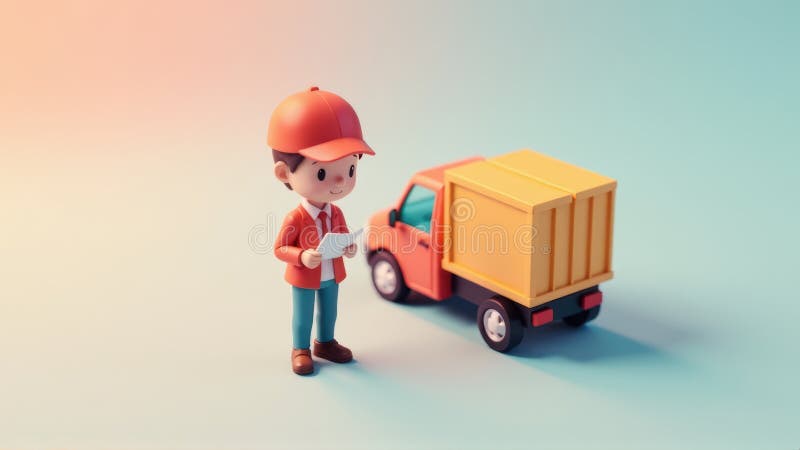 Cute Cartoon Delivery Boy with Truck - 3D Render Stock Illustration ...