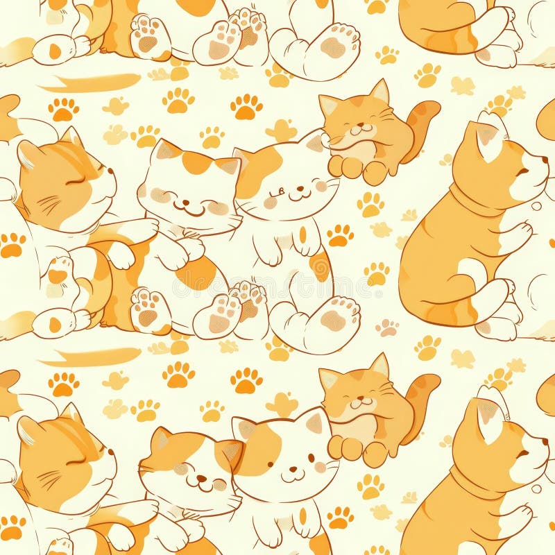 Cute Cartoon Design Cats with Paw Prints Seamless Pattern Vector ...