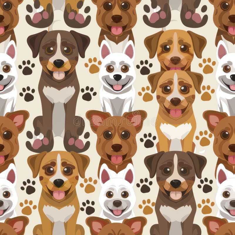 Cute Cartoon Design Dogs with Paw Prints Seamless Pattern Vector ...