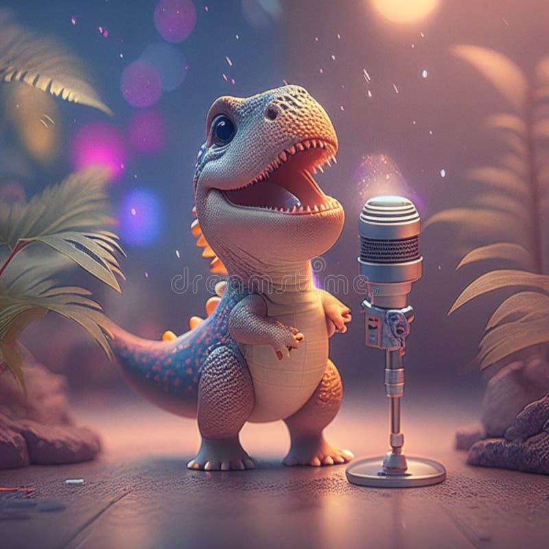 Cute Cartoon Dinosaur with a Microphone in the Room. 3d Rendering Stock ...