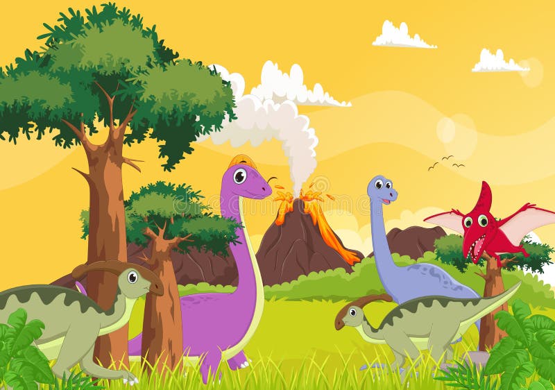 Cute Cartoon Dinosaur with Volcano Background Stock Vector ...