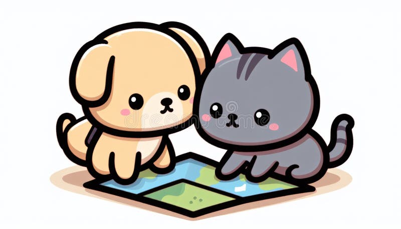 Cute Cartoon Dog and Cat Studying a Map Stock Illustration ...